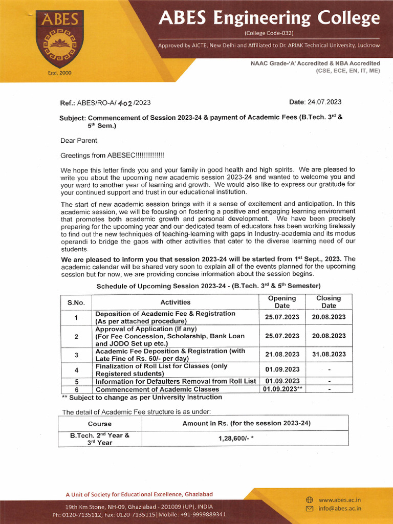 Commencement of Session 2023-24 & Payment of Academic Fees (B.Tech. 3rd & 5th Sem.) | PDF