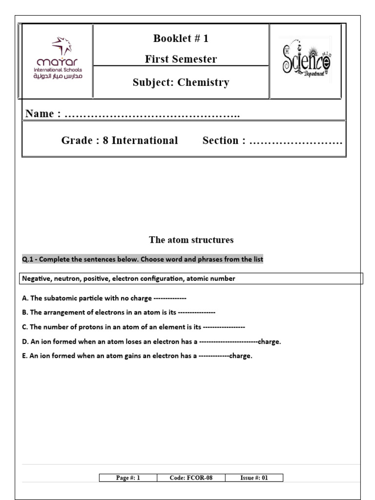 2958 - Chemistry Grade 8 2023-2024 Booklet 1 | PDF | Atoms | Periodic Table