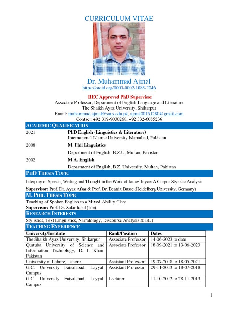 CV - Dr. Muhammad Ajmal - 2023 | PDF