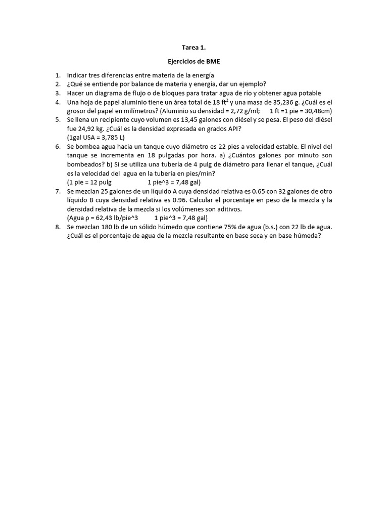 Tarea 1. Ejercicios de BME | PDF | Ciencia y matemática Tarea 1. Ejercicios de BME | PDF | Ciencia y matemática