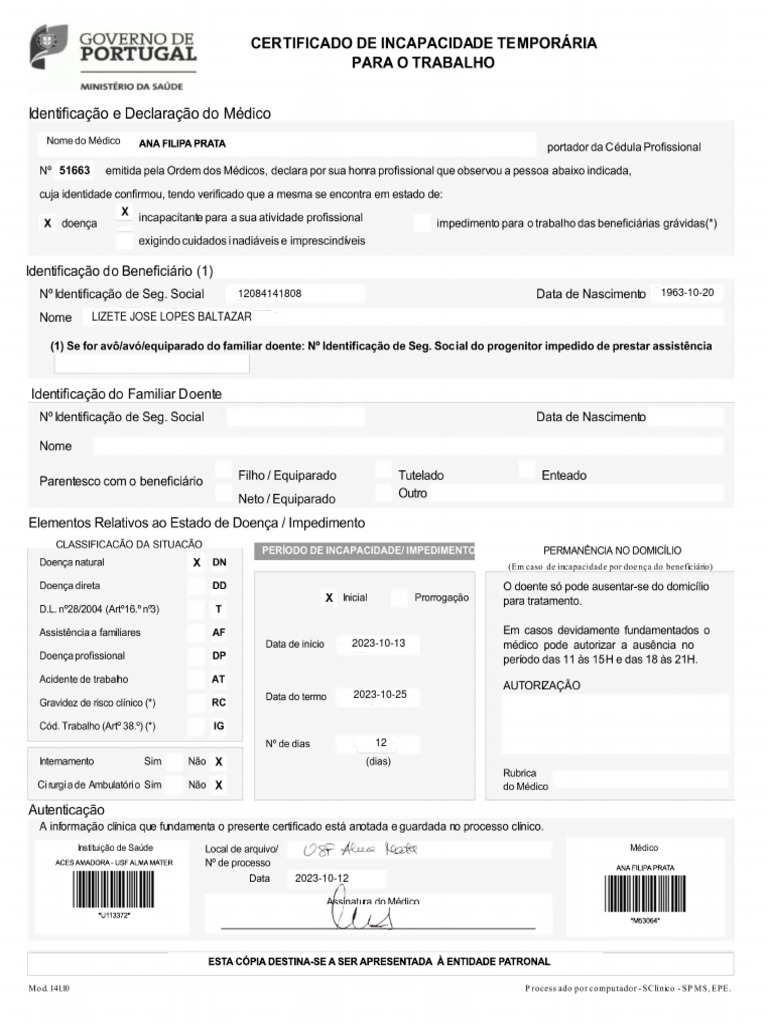 CERTIFICADO DE INCAPACIDADE TEMPORÁRIA PARA O TRABALHO | PDF