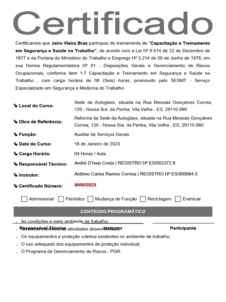 Certificado NR 01 - Modelo Base | PDF