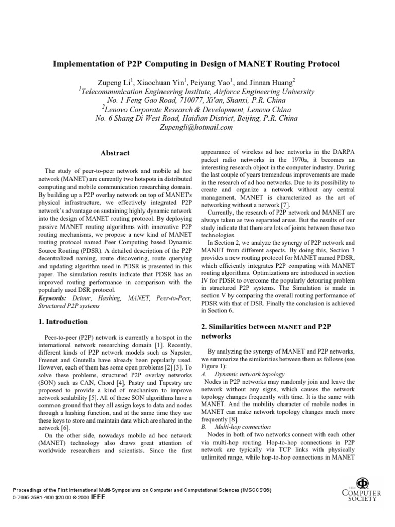 Implementation of P2P Computing in Design of MANET Routing Protocol | PDF | Peer To Peer | Routing