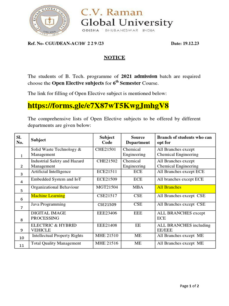 Notice For Open Elective Subjective 6th Sem 2021 Admission Batch | PDF | Business