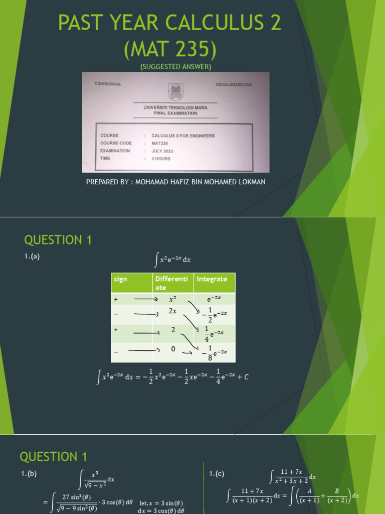 PAST YEAR CALCULUS 2 (MAT 235) (Suggested Answer) | PDF | Equations ...