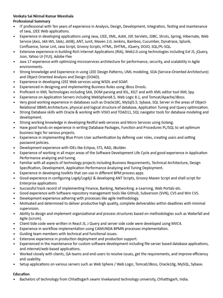 Venkata Sai Nirmal Kumar Meeshala - Java Microservices Developer | PDF | Spring Framework | Web ...