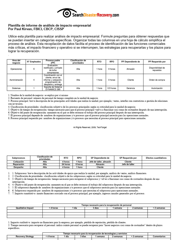 Search Disaster Recovery Business Impact Analysis Report Template | PDF ...