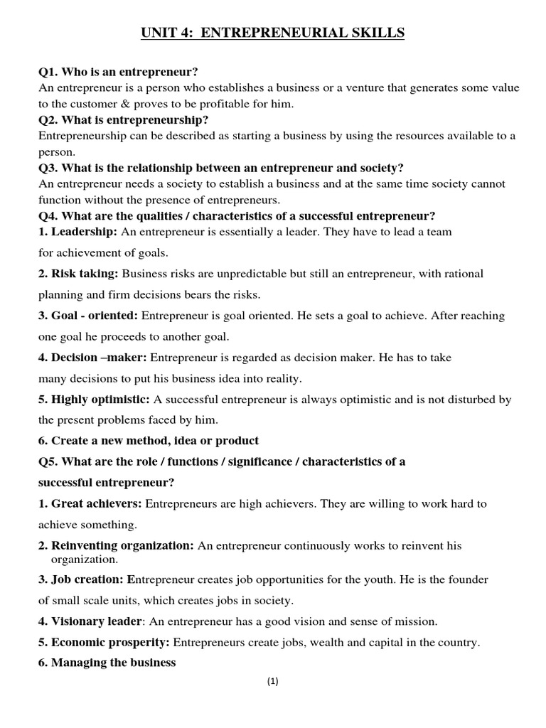 Unit 4 - Entrepreneurial Skills - Edited | PDF | Entrepreneurship ...