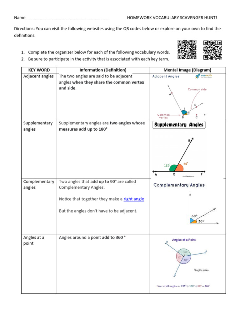 Vocabulary Part Iii Angle Vocabulary Hw 3 Key Pdf