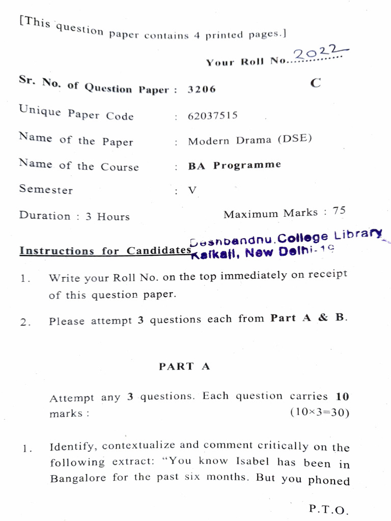 BA 5th Sem Modern Drama Question Paper | PDF