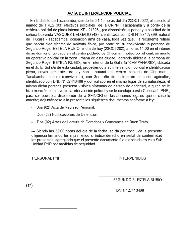 Acta de Intervencion Policial Violencia Familiar Roger Estela Rubio | PDF | Justicia | Crimen y ...