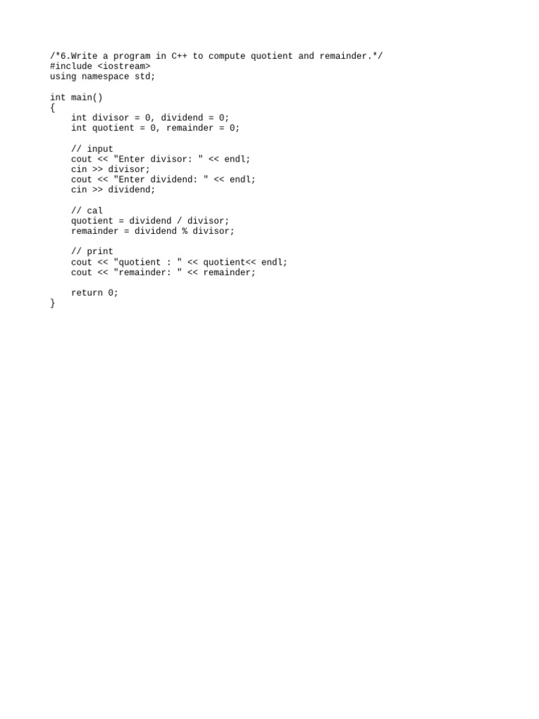 C++ Program: Compute Quotient & Remainder | PDF
