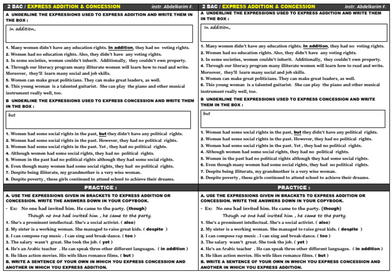 2 Bac. Addition and Concession | PDF | Literacy | Human Communication