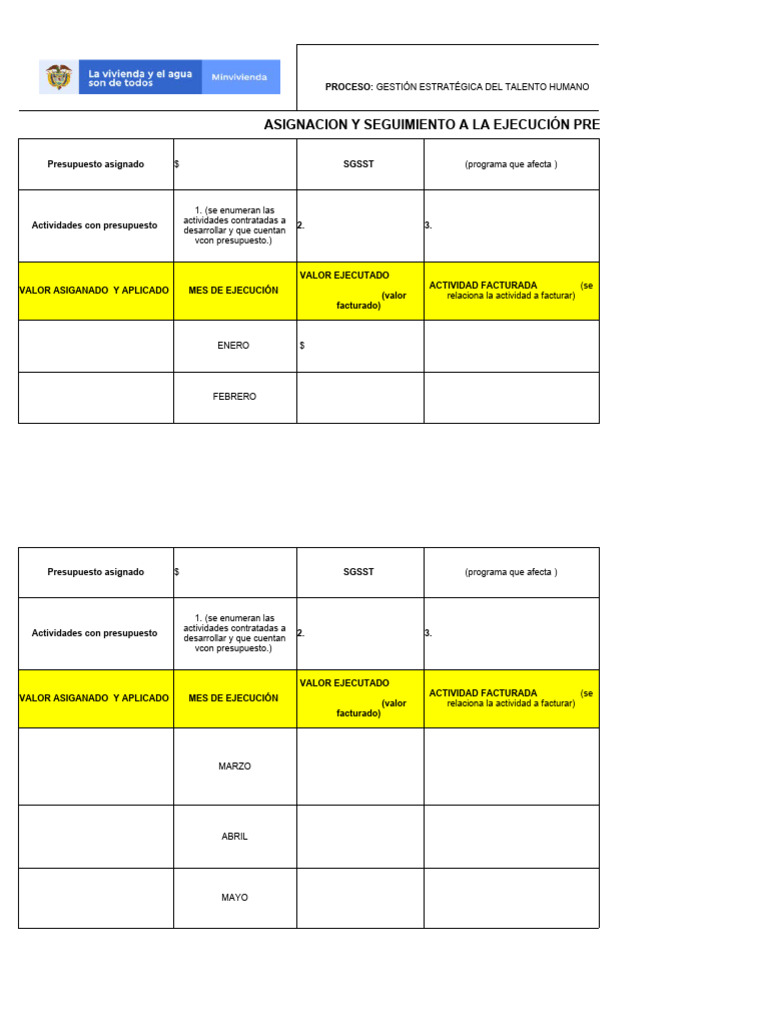 GTH F 91 SST Matriz de Asignacion y Ejecucion Presupuestal SGSST 1.0 ... GTH F 91 SST Matriz de Asignacion y Ejecucion Presupuestal SGSST 1.0 ...