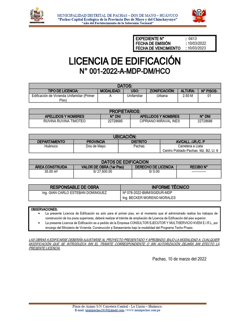 LICENCIA DE EDIFICACION PACHAS - Modelo | PDF