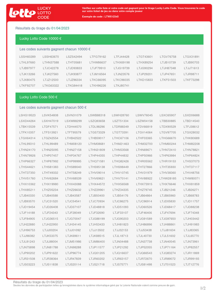Lotto Lucky Lotto Codes Gagnants 20230401 | PDF | Gambling Games | Gambling
