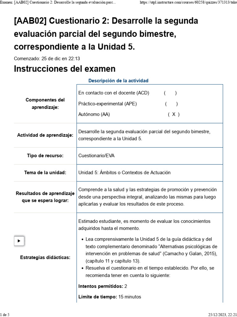 Examen (AAB02) Cuestionario 2 Desarrolle La Segunda Evaluación Parcial Del Segundo Bimestre ...
