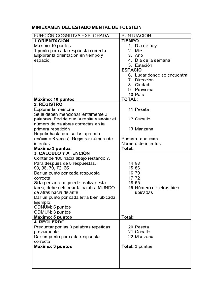 Miniexamen Del Estado Mental de Folstein | PDF
