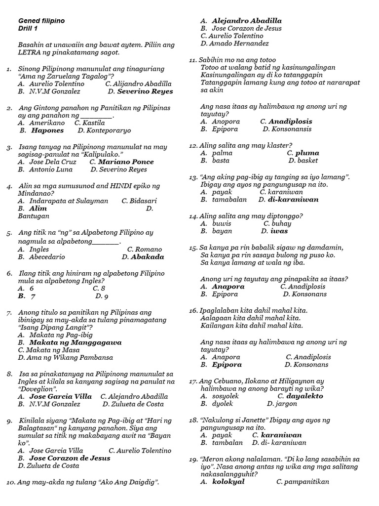 Filipino Literature Drill and Exercises | PDF | Tagalog Language ...