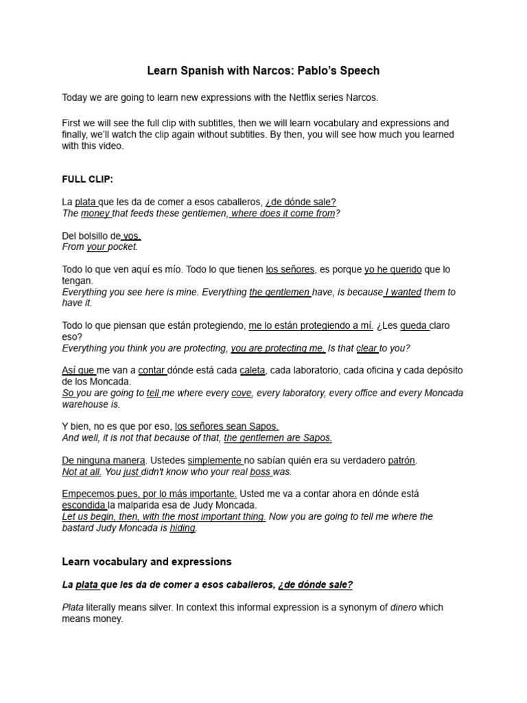 Learn Spanish With Narcos - Pablos Speech | PDF