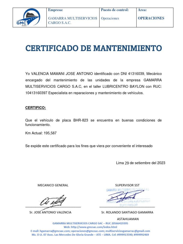 Certificado de Mantenimiento | PDF