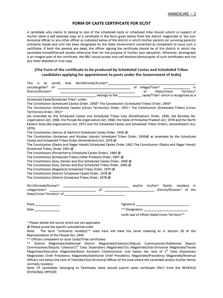 Form of Caste Certificate For SC/ST | PDF | Government Of India | Justice