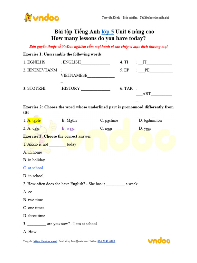 Bai Tap Tieng Anh Lop 5 Unit 6 Nang Cao How Many Lesson Do You Have Today | PDF