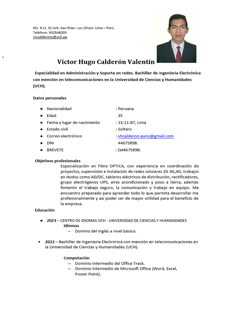 Curriculum Vitae Victor Hugo Calderon Valentin | Descargar gratis PDF | Informática | Electrónica