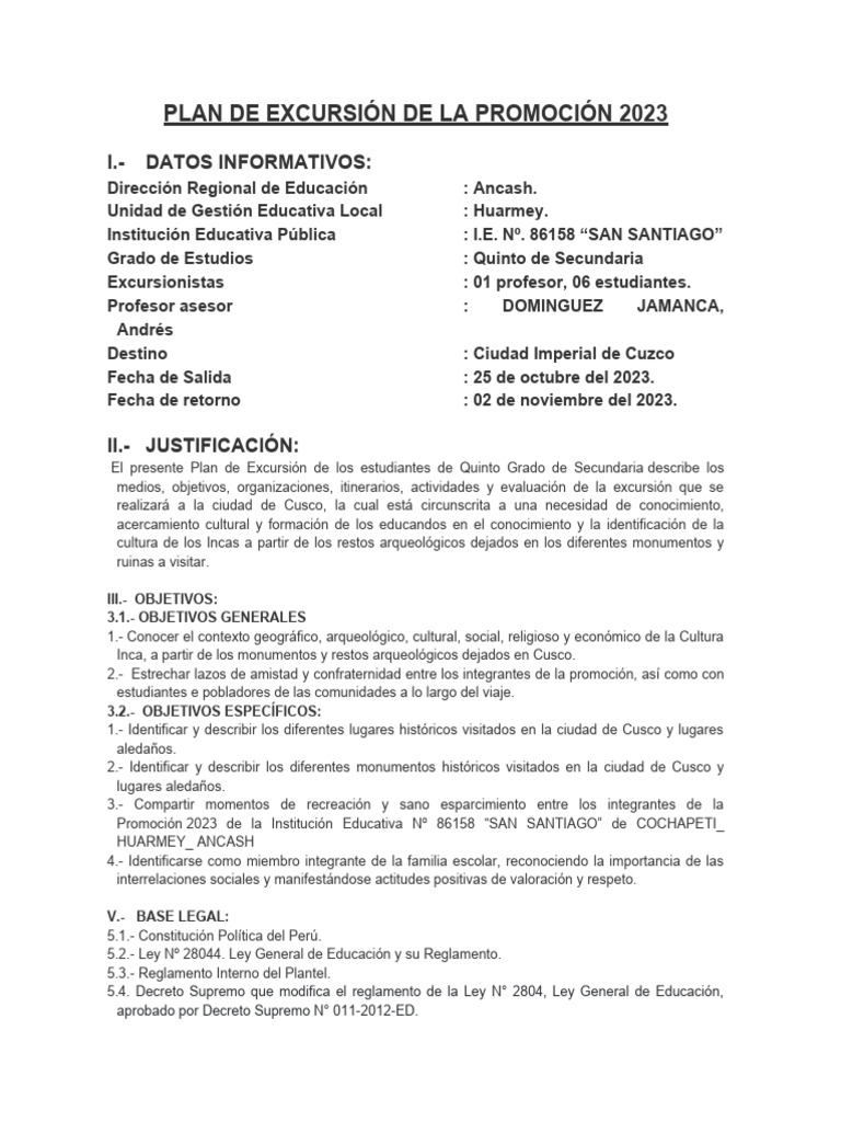 PLAN DE EXCURSIÓN DE LA Valido | PDF | Ciencias Políticas