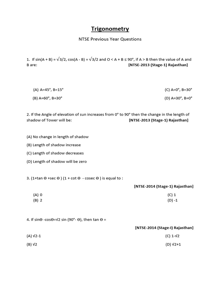 Trigonometry NTSE PYQs | PDF | Trigonometric Functions | Classical Geometry