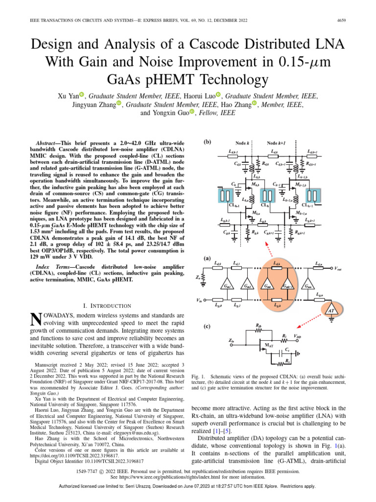 Design and Analysis of A Cascode Distributed LNA With Gain and Noise Improvement in 0.15-m GaAs ...