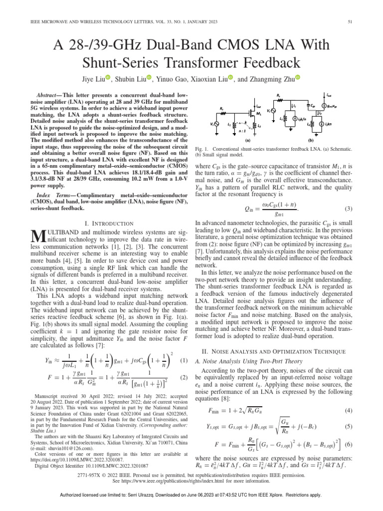 A 28 - 39-GHz Dual-Band CMOS LNA With Shunt-Series Transformer Feedback ...