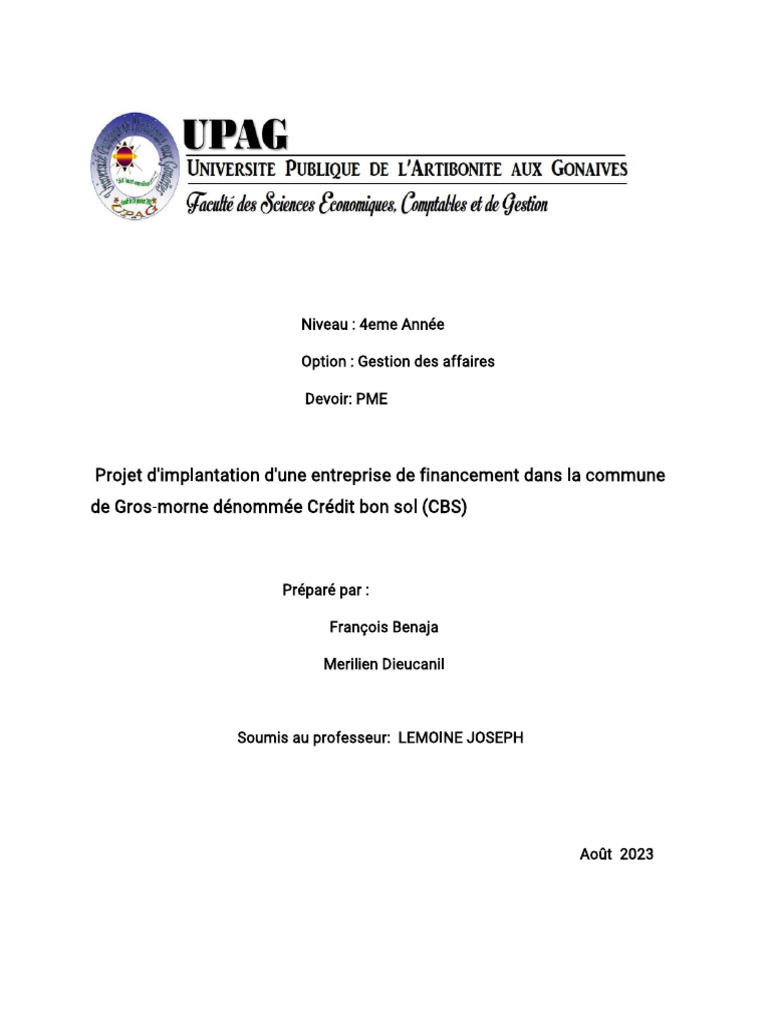 Page de couverture pour un devoir PME | PDF