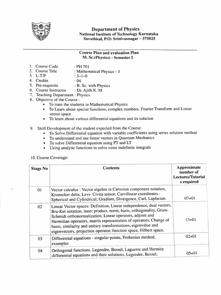 PH701 Course Plan | PDF | Operator (Mathematics) | Vector Space
