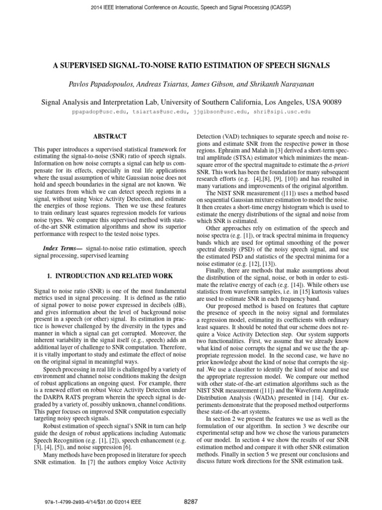 A Supervised Signal-To-Noise Ratio Estimation of Speech Signals | PDF | Signal To Noise Ratio ...