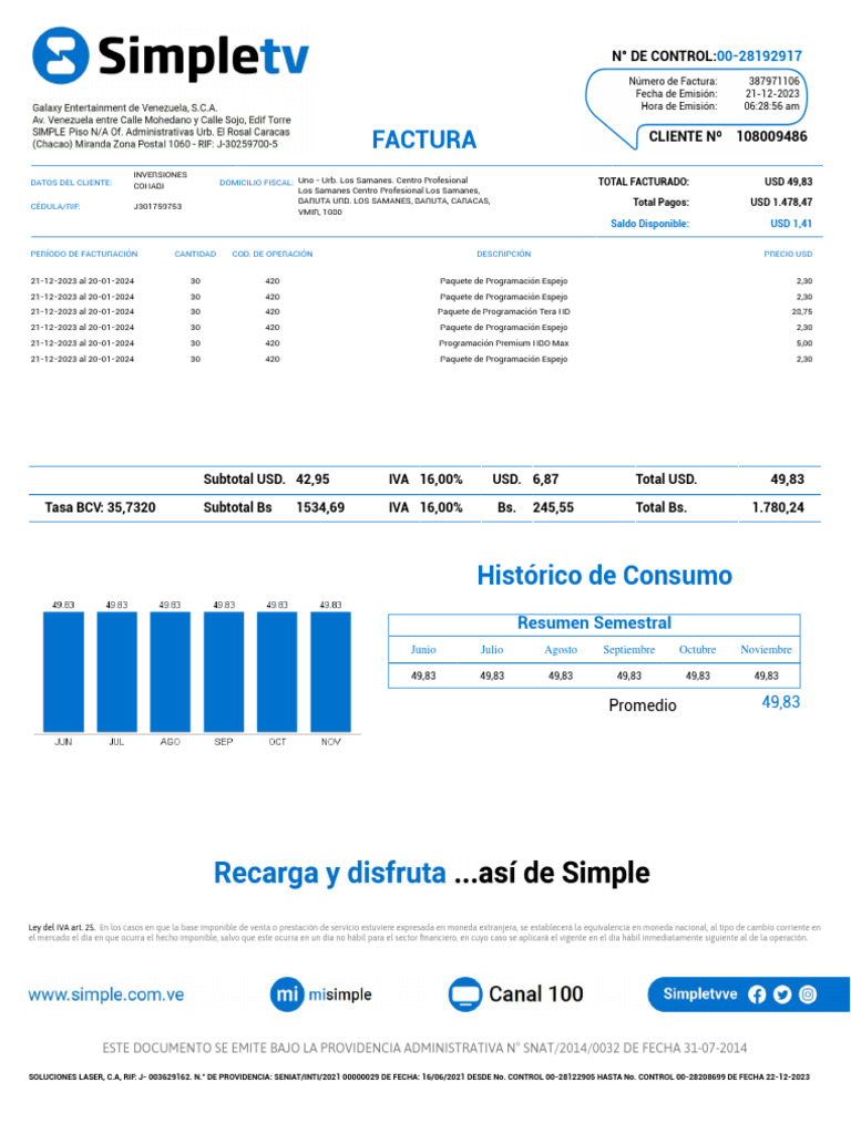 Factura Simple TV Diciembre | PDF | Dinero | Economias