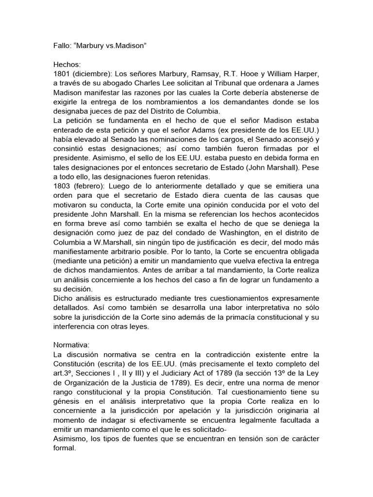 Marbury vs. Madison - Análisis | PDF | Jurisdicción | John Marshall