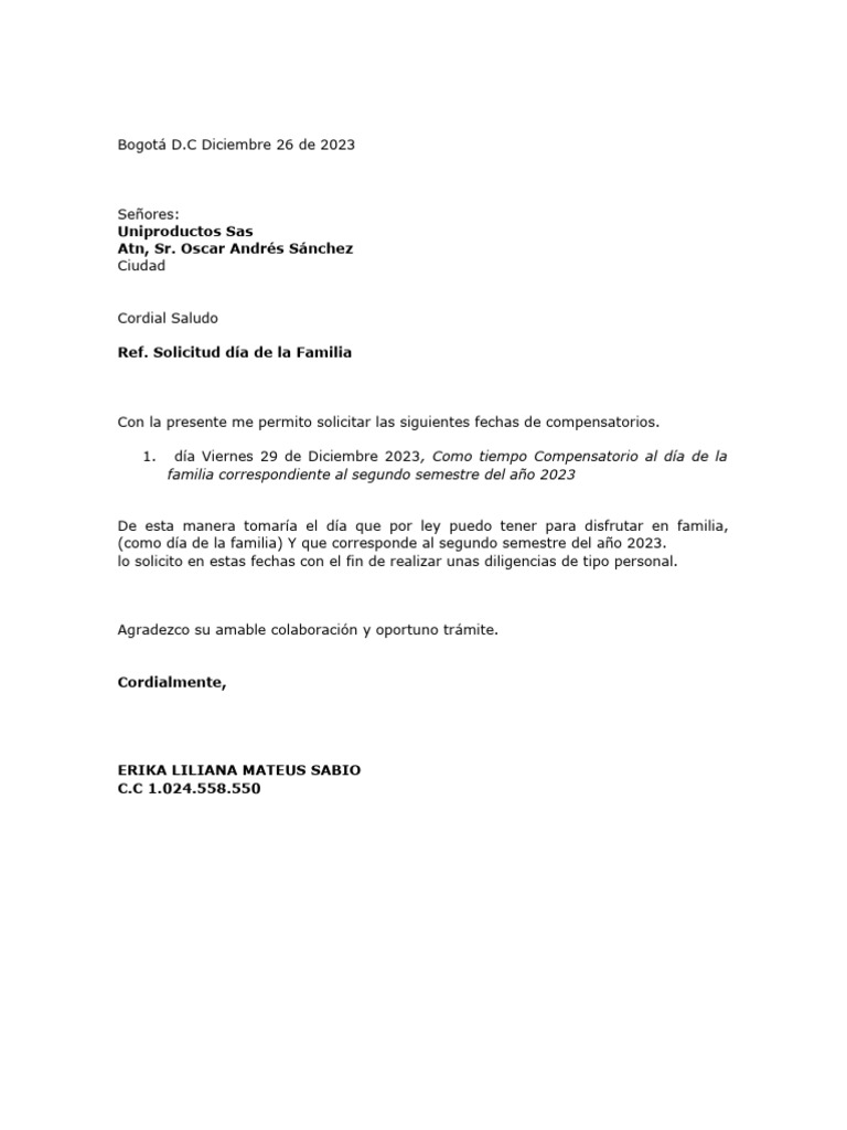 Carta Solicitud Dia de La Familia | PDF