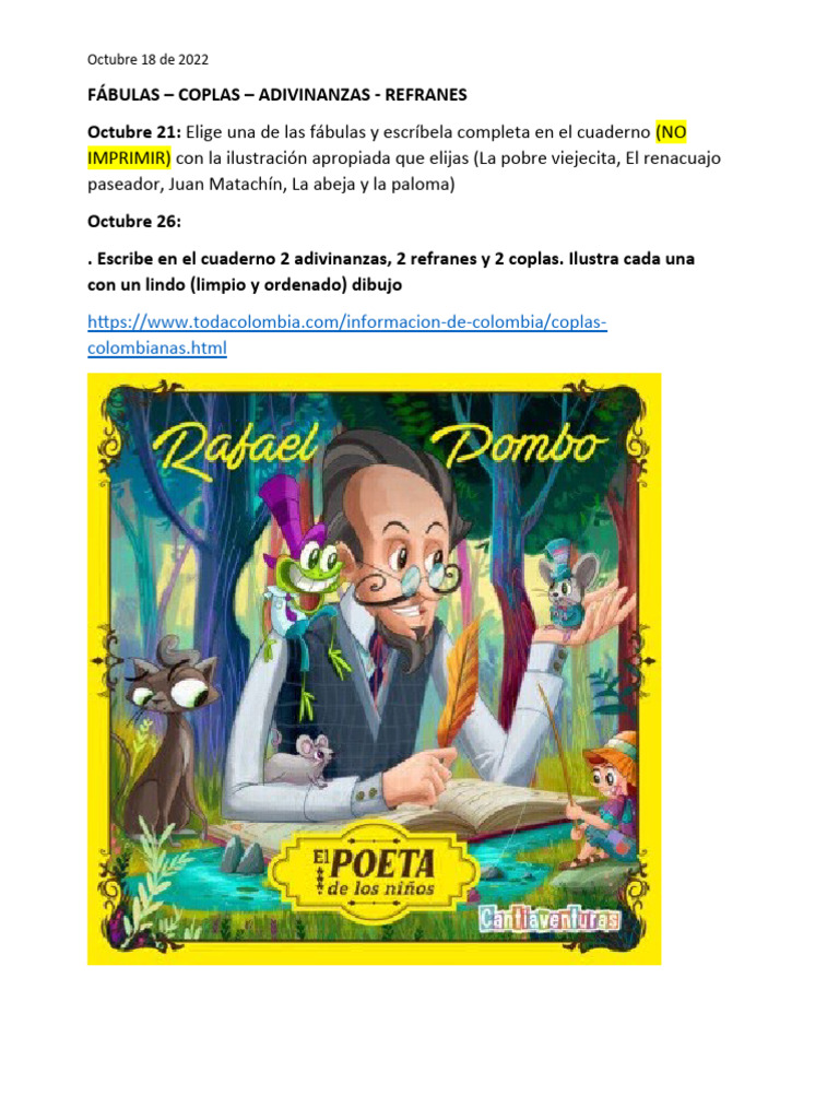 Actividades de Fábulas y Coplas para Niños | PDF | Libros para adolescentes