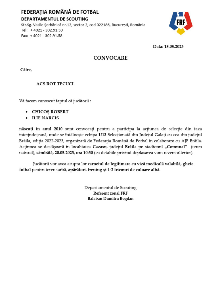 Convocare Lot U13 ROT | PDF