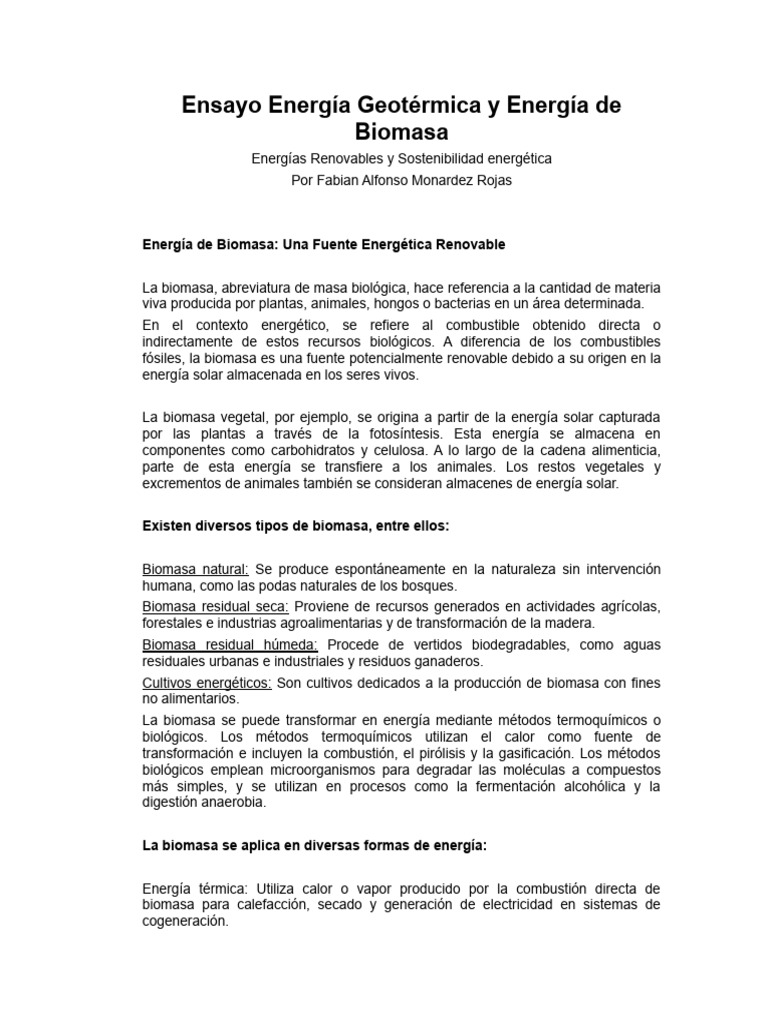 Ensayo Geotermica y Energia de Biomasa | PDF | Biomasa | Biocombustible