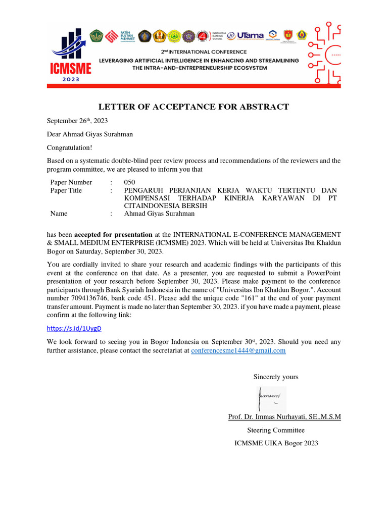 Letter of Acceptance For Abstract | PDF | Business | Payments