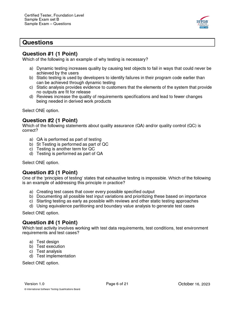ISTQB CTFL V4.0 Sample Exam Set B | PDF | Computers