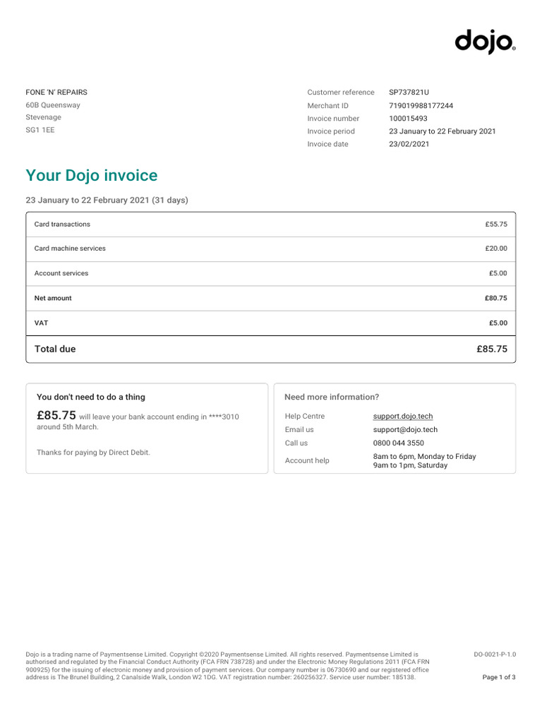 Your Dojo Invoice: 23 January To 22 February 2021 (31 Days) | PDF ...