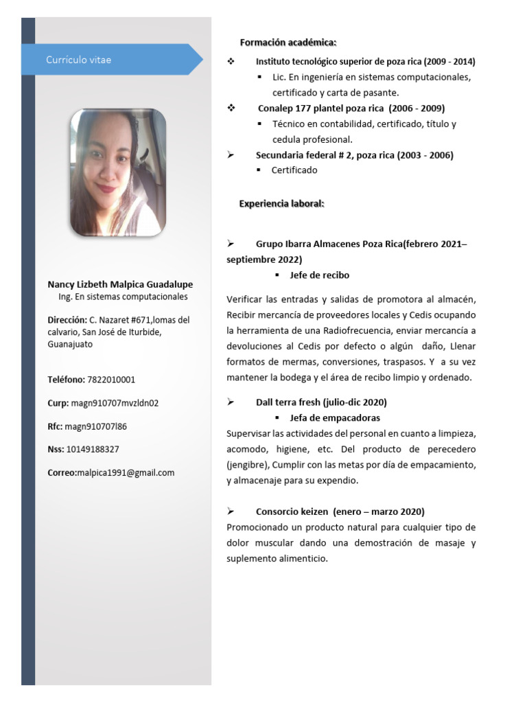 CV de Nancy Lizbeth Malpica Guadalupe | PDF | Business