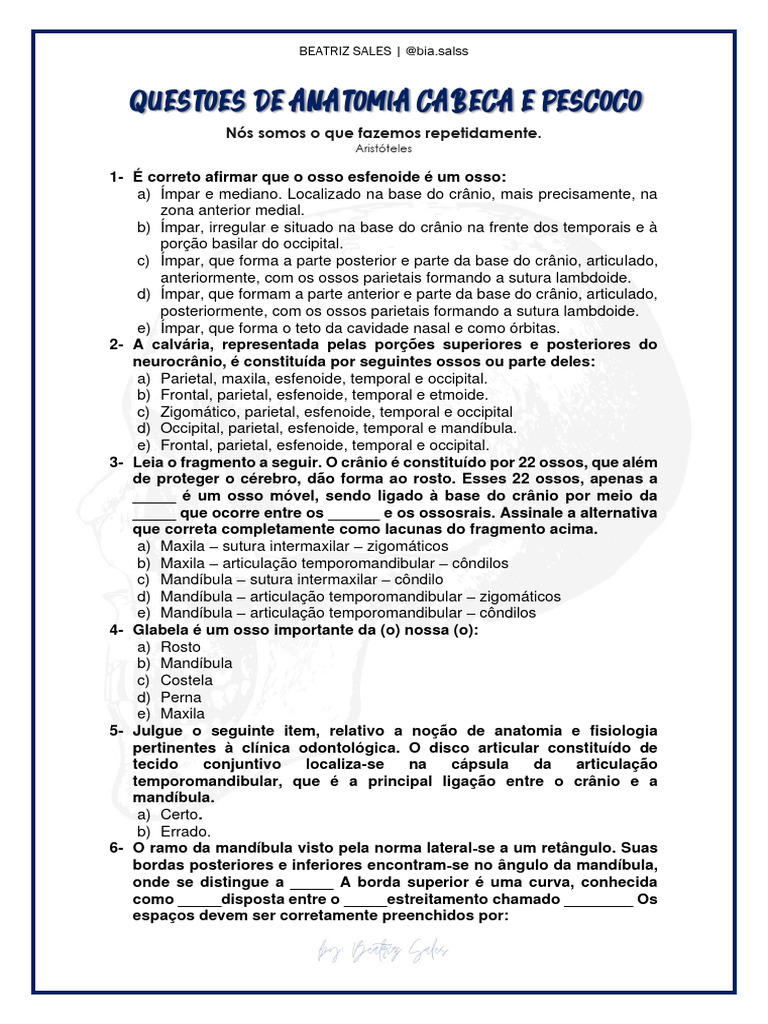 Questões de Anatomia: Cabeça e Pescoço | PDF | Crânio | Sistema Locomotor