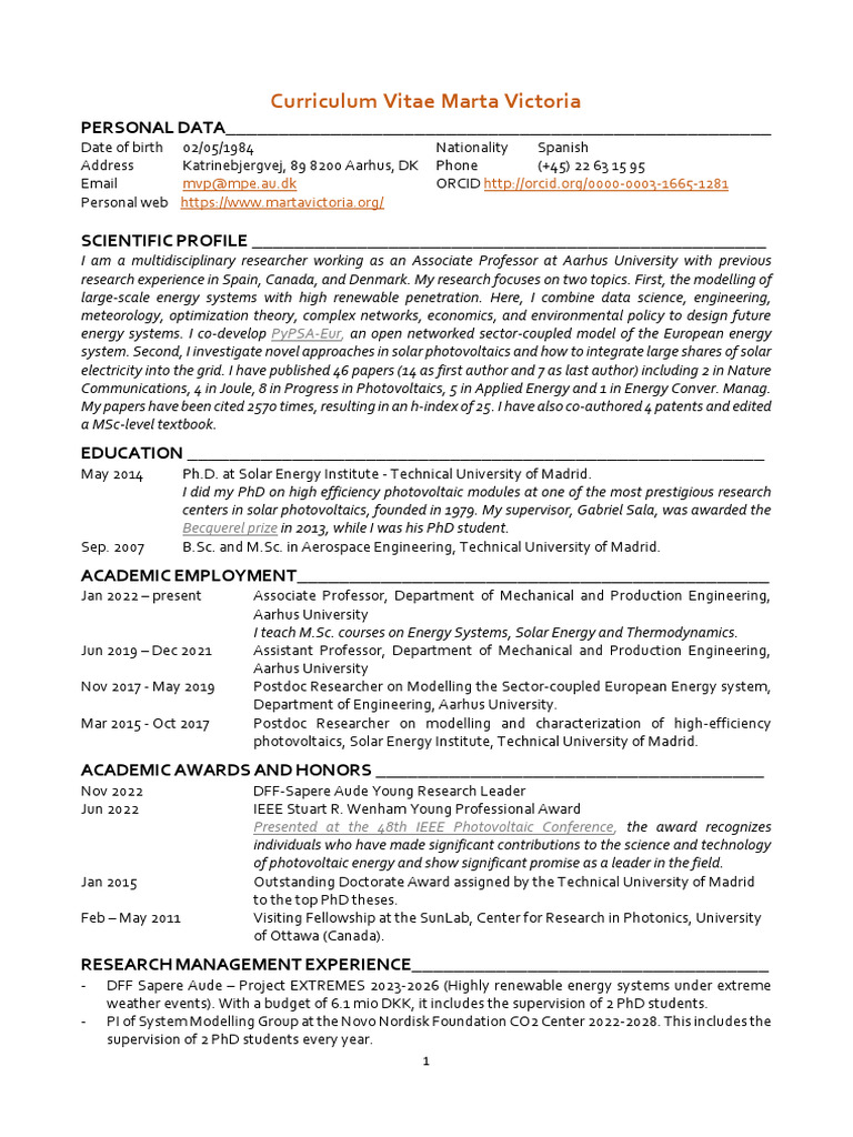 Curriculum Vitae Marta Victoria: Personal Data | PDF