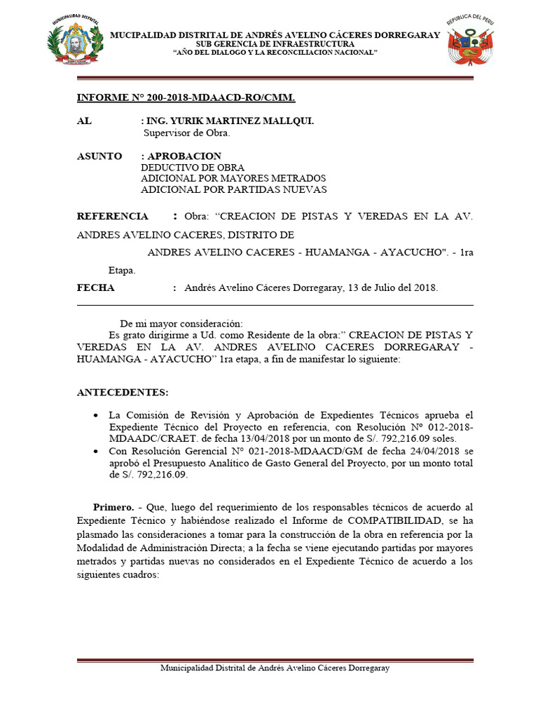 Informe #200 Aprobacion de Mayores Metrados | PDF Informe #200 Aprobacion de Mayores Metrados | PDF
