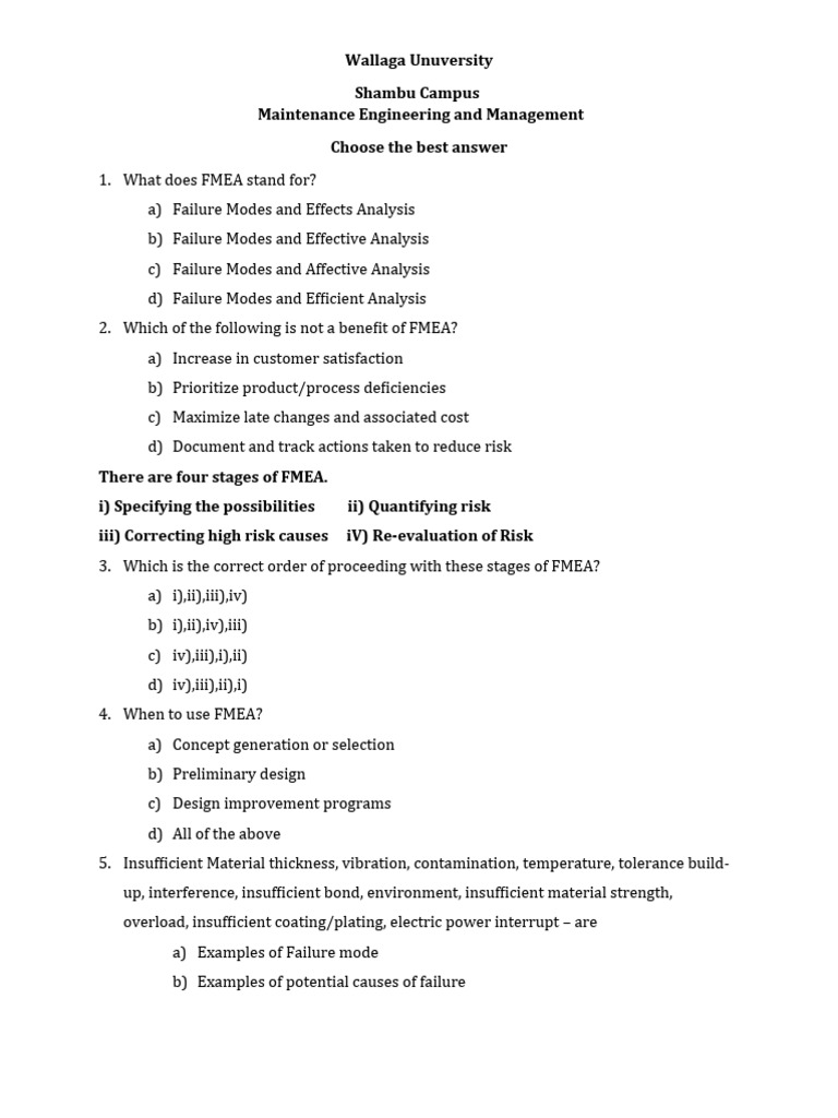 FMEA & Maintenance Quiz Guide | PDF | Safety | Engineering