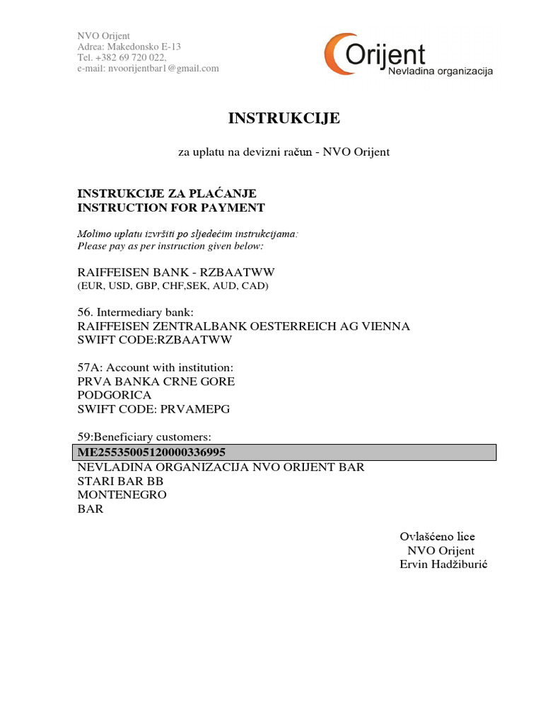 Instrukcije Za Uplatu Na Devizni Ziro Racun - Nvo Orijent | PDF